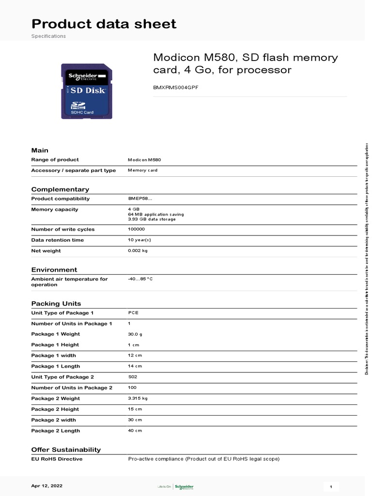 Product Data Sheet: Modicon M580, SD Flash Memory Card, 4 Go, For Processor | PDF | Chemistry