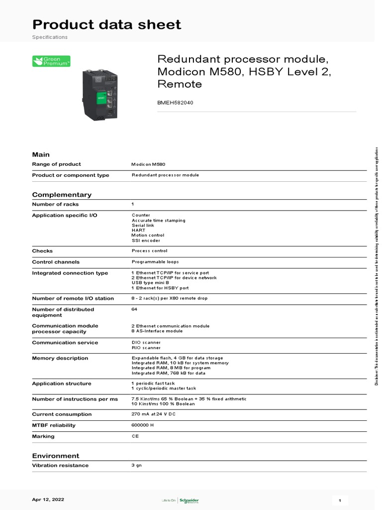 Product Data Sheet: Redundant Processor Module, Modicon M580, HSBY Level 2, Remote | PDF ...