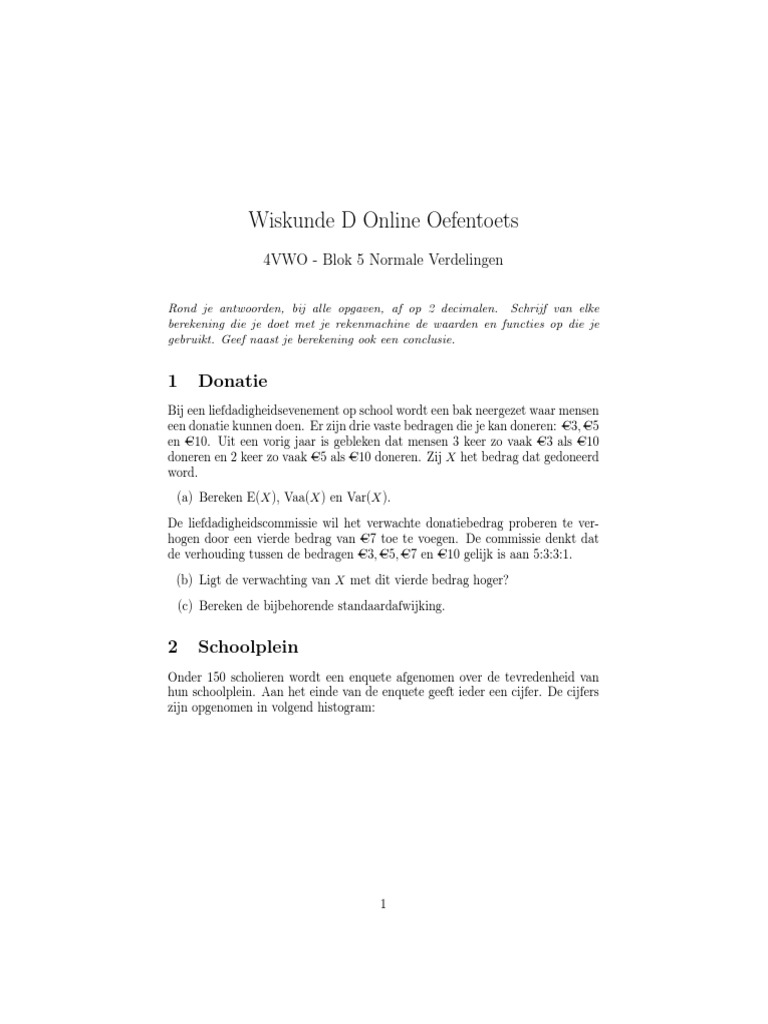 Wiskunde D Online Oefentoets 4VWO Blok 5 Normale Verdelingen | PDF