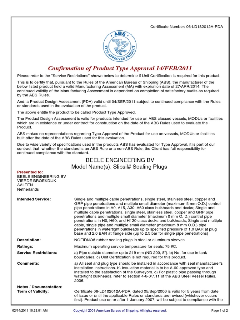 Confirmation of Product Type Approval 14/FEB/2011: Beele Engineering BV ...