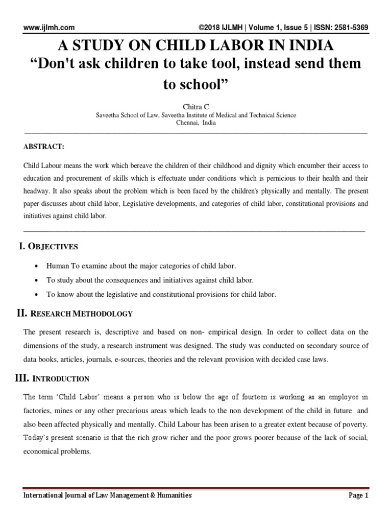 A STUDY ON CHILD LABOR IN INDIA "Dont Ask Children To Take Tool Instead ...