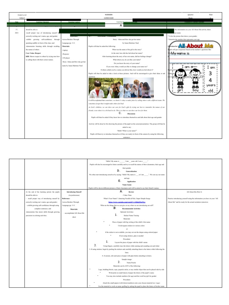 Nursery Self-Introduction Skills | PDF | Learning | Cognition