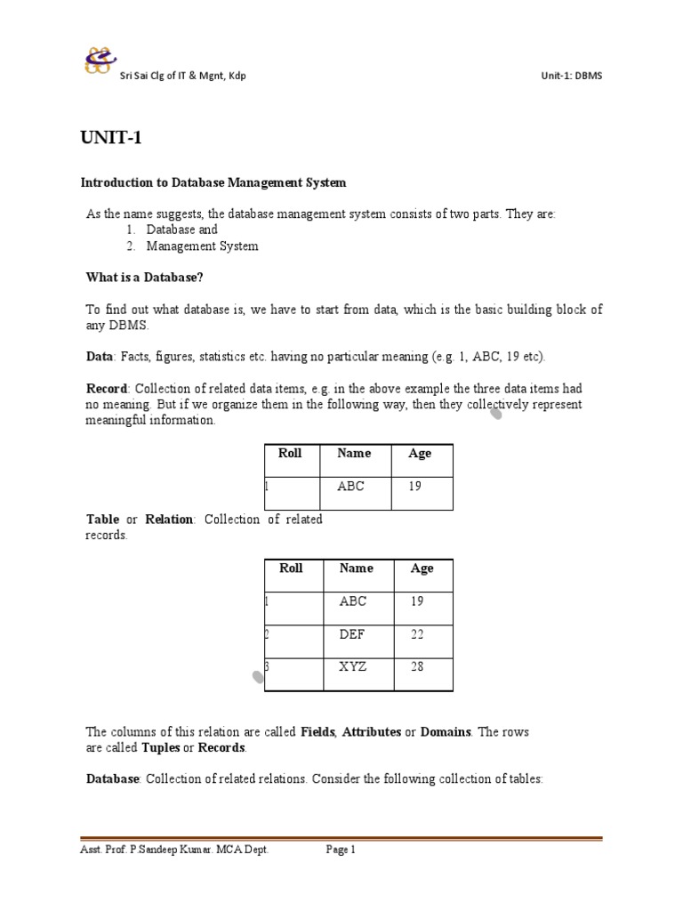 Mca Dbms Notes Unit 1 | PDF | Databases | Relational Database Mca Dbms Notes Unit 1 | PDF | Databases | Relational Database