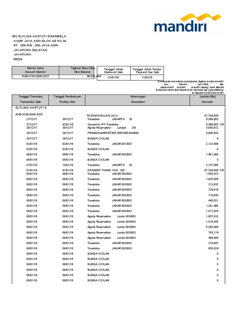 Tagihan Kartu Kredit Mandiri Januari 2018 | PDF
