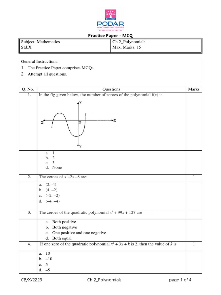 Mastering Polynomials: A Practice Paper on Identifying Zeroes, Degrees ...