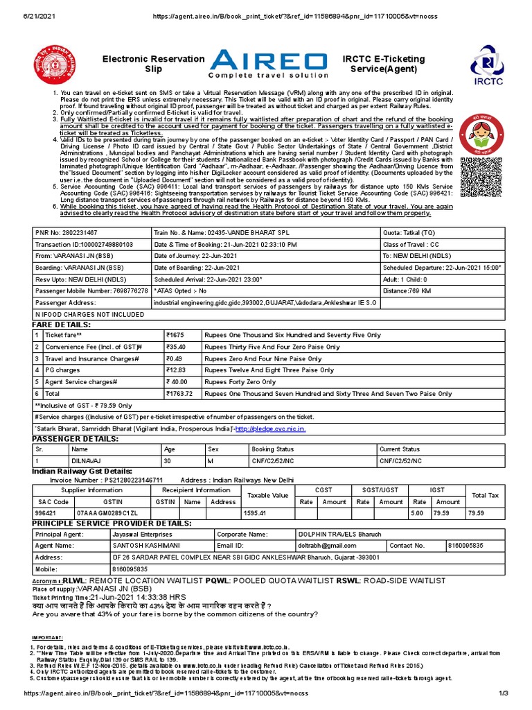 Electronic Reservation Slip IRCTC E-Ticketing Service (Agent) | PDF ...