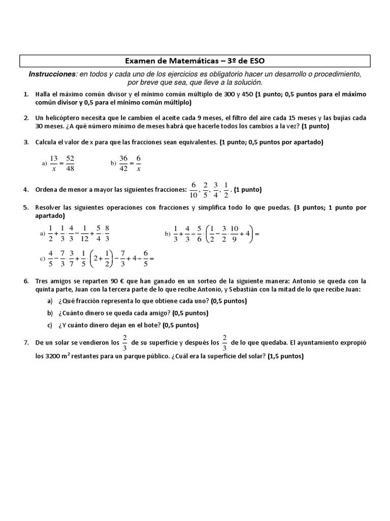 Examen Fracciones 2 | PDF | Aritmética | Matemática Elemental