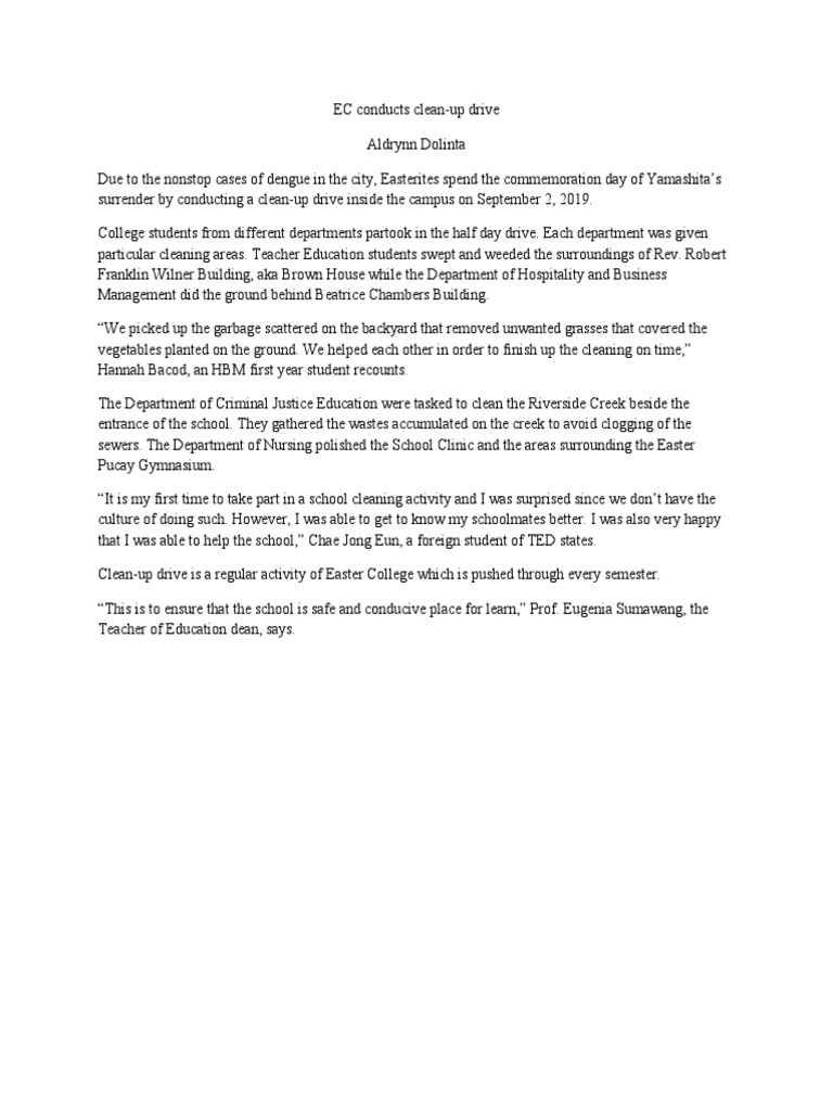 Dengue Clean-Up Drive at Easter College | PDF