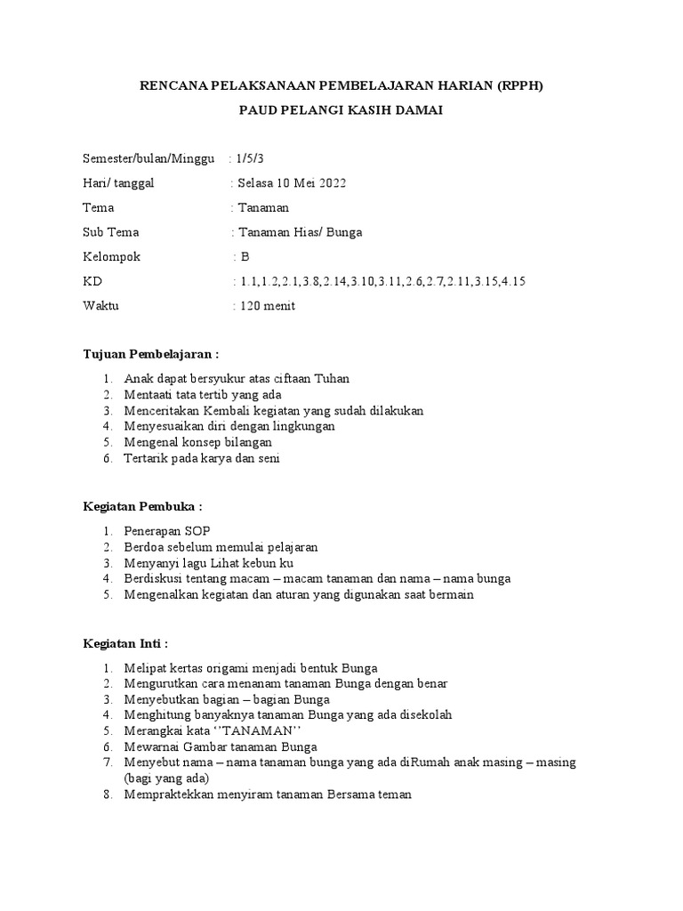 RPPH Tema Tanaman Hias Bunga Mawar | PDF