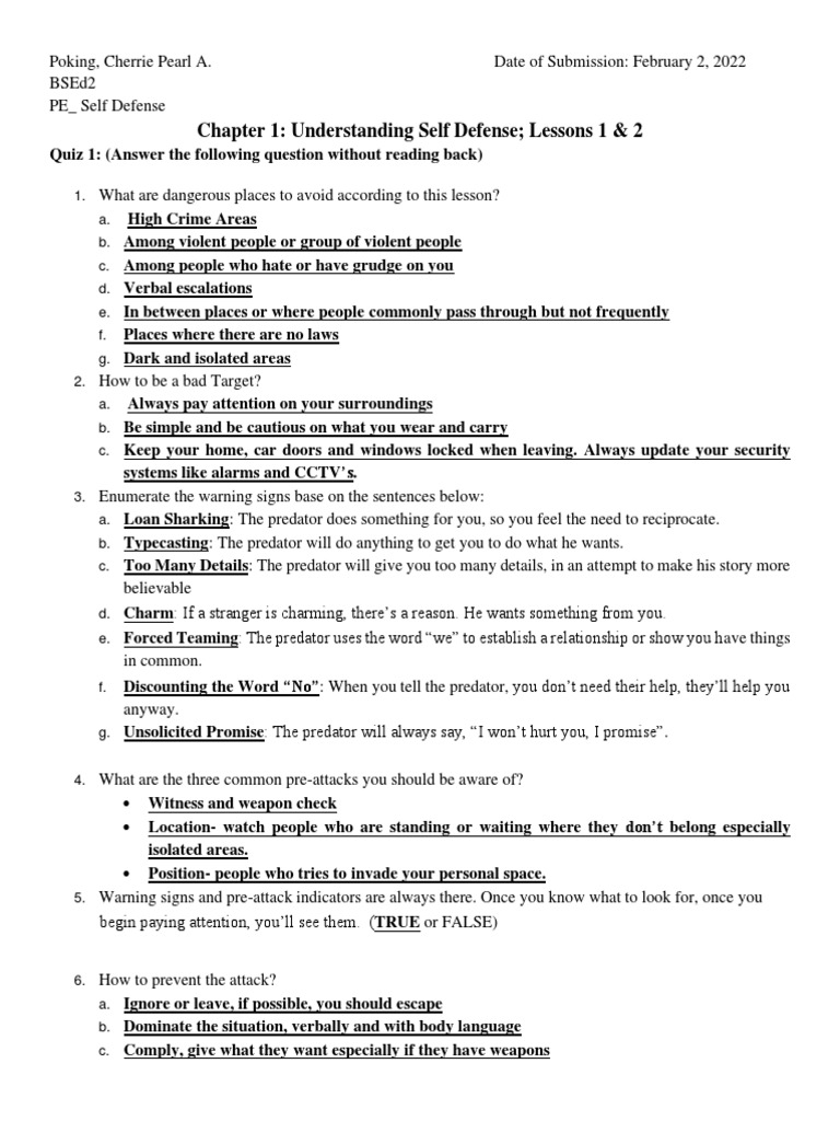 Chapter 1: Understanding Self Defense Lessons 1 & 2: 1. A. B. C. D. E ...