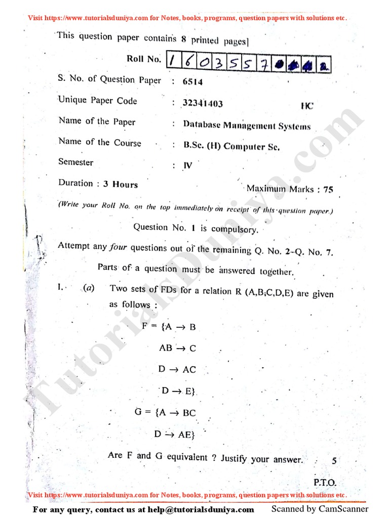 Database Management System Question Paper 2018 | PDF | Data Management ...