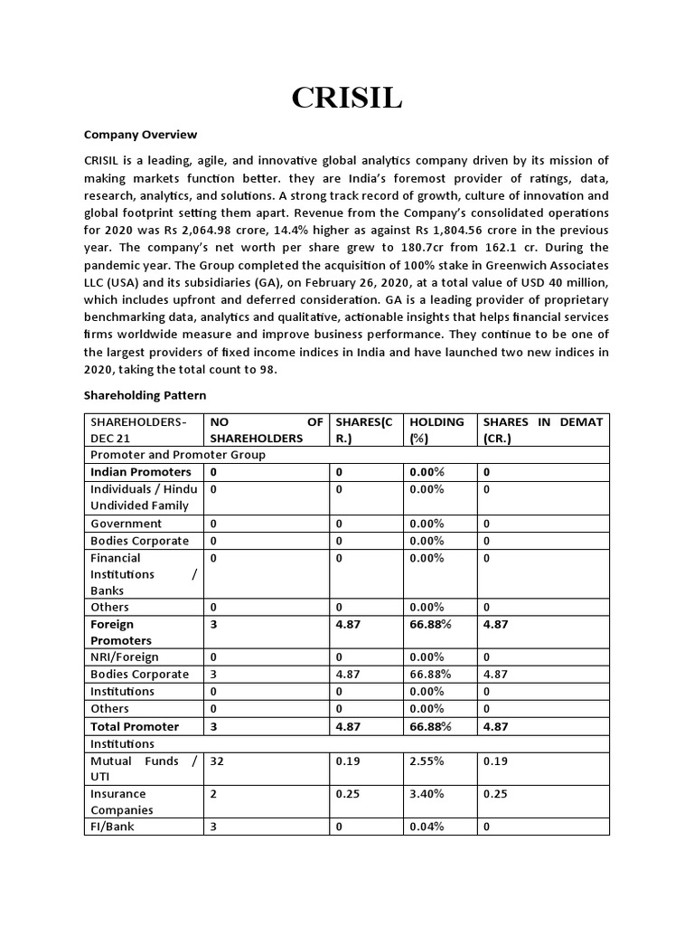 Crisil: Company Overview | PDF | Credit Rating Agency | Chief Financial ...