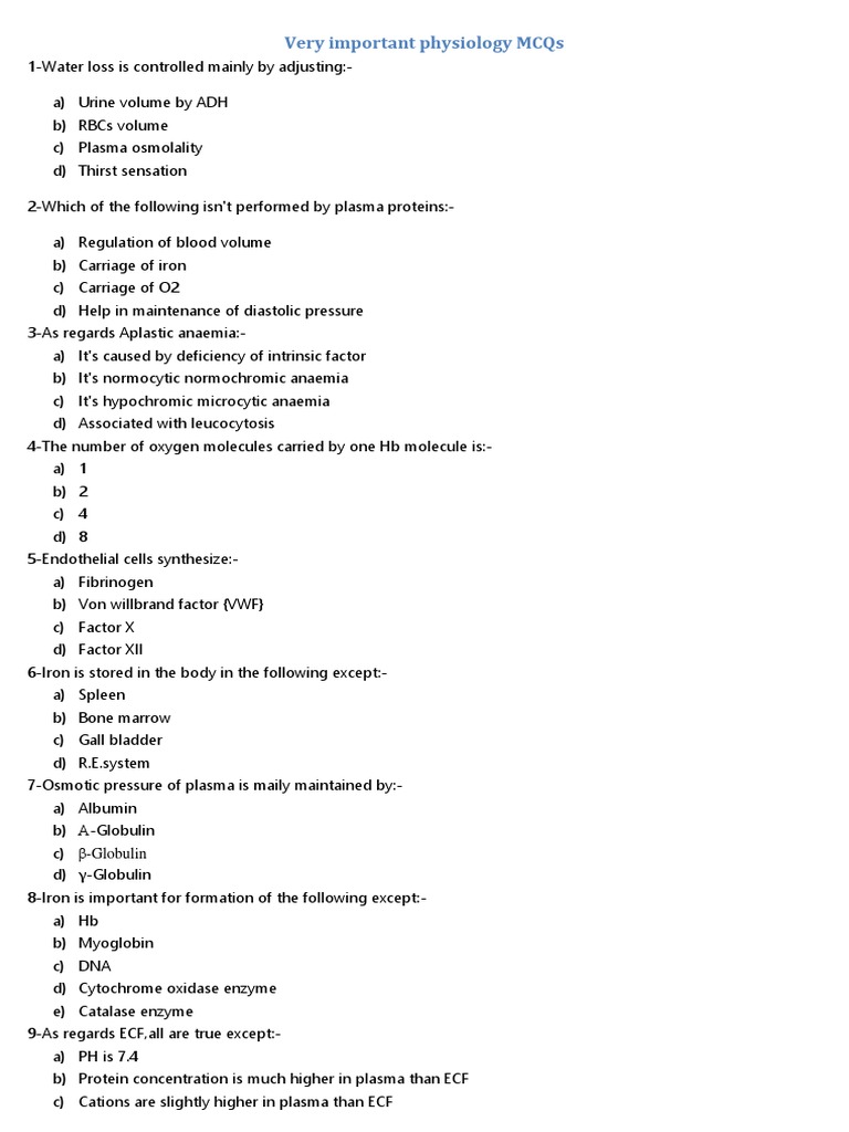Very Important Physiology Mcqs | PDF | Blood | Anemia