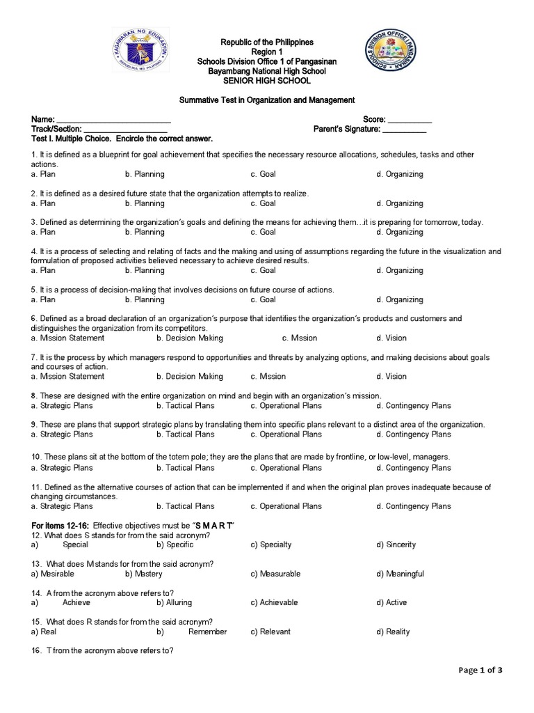 2019 2020 Final Examination in Organization and Management | PDF ...