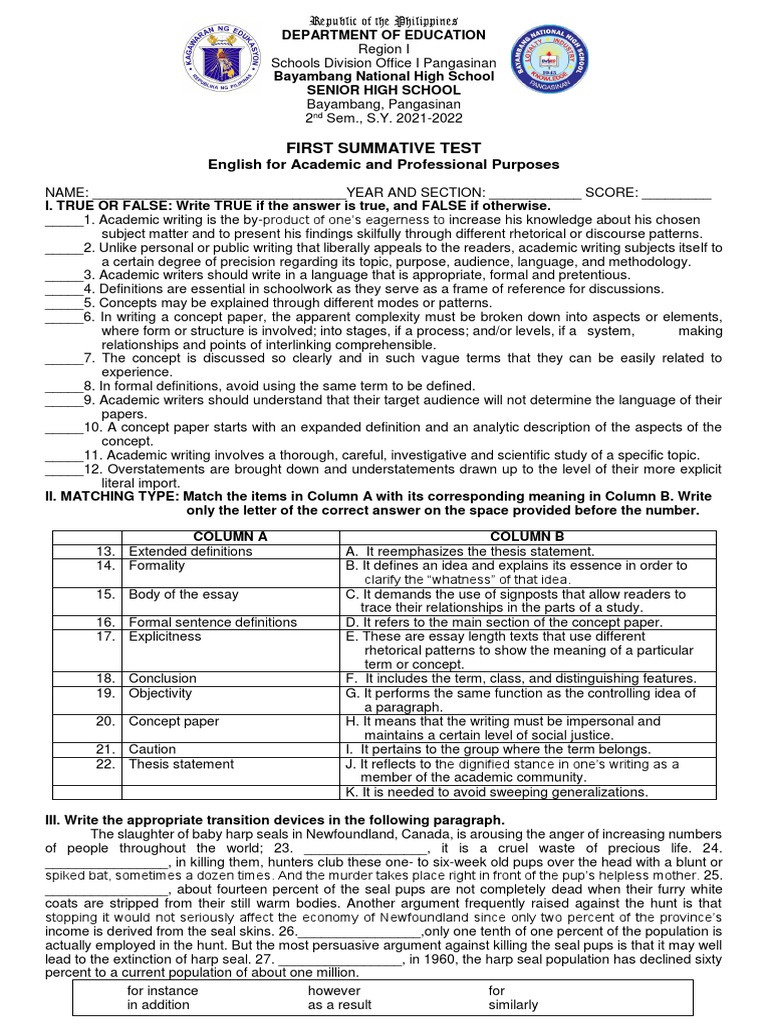 First Summative Test in English SHS | PDF | Concept | Definition