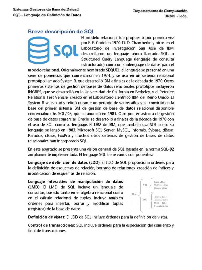 Definición y Uso de SQL y LDD | PDF | SQL | Bases de datos