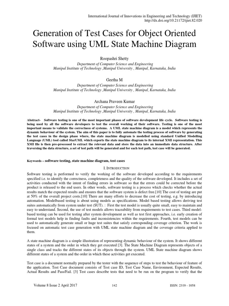 Generation Of Test Cases For Object Oriented Software Using Uml State Machine Diagram Pdf