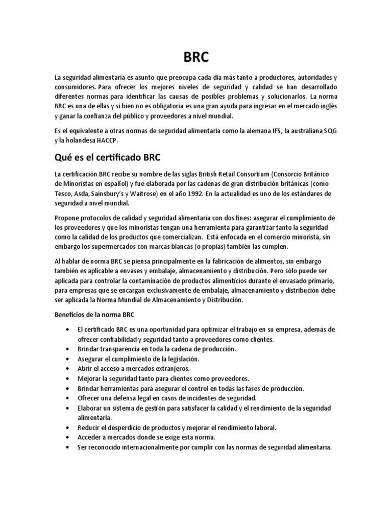 Qué Es El Certificado BRC: Beneficios de La Norma BRC | PDF | Seguridad alimenticia | Calidad ...