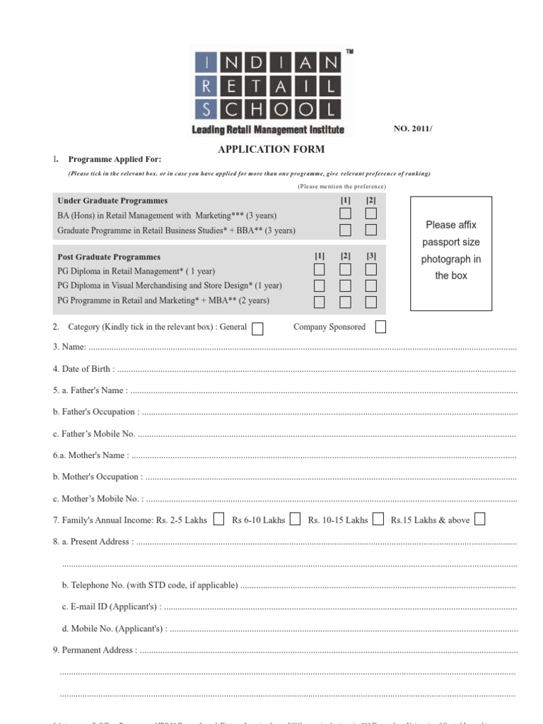 Application Form: Please Affix Passport Size Photograph in The Box ...