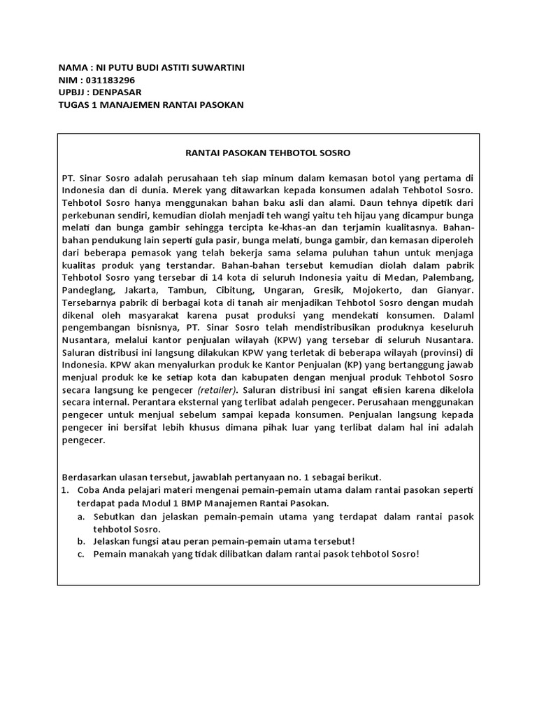 Tugas 1 Manajemen Rantai Pasokan Budi | PDF | Karier & Perkembangan | Pengelolaan Keuangan & Uang