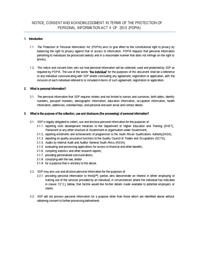 SDP POPI Notice and Consent Form | PDF | Privacy | Information