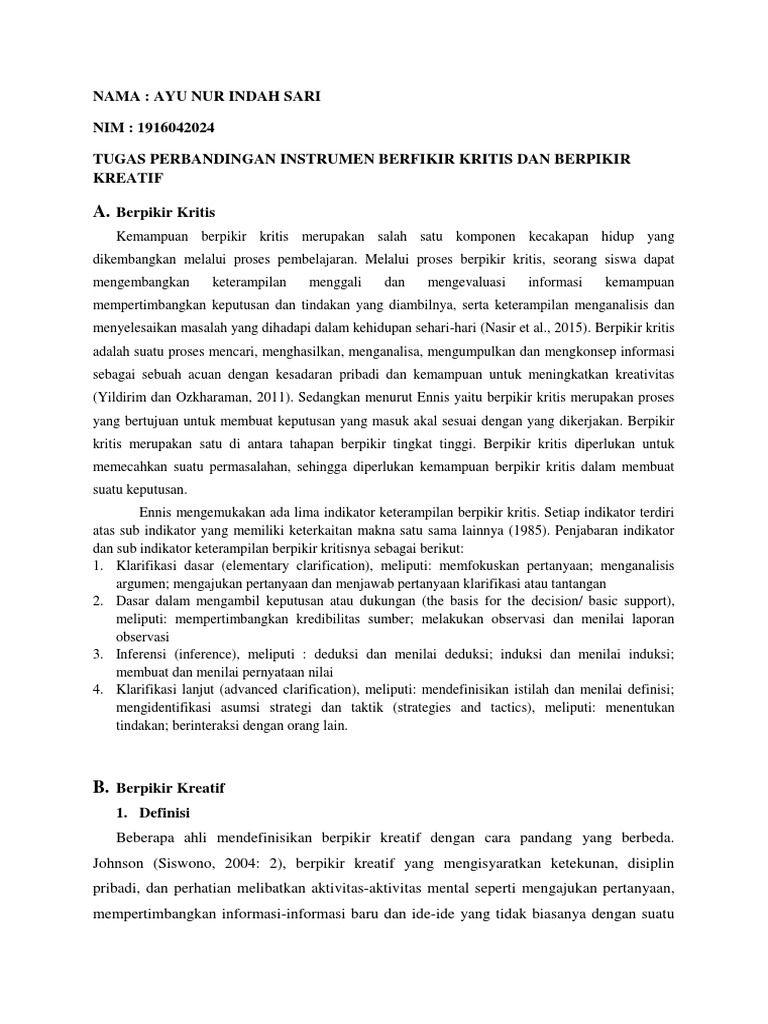 Ayu Nur Indah Sari - Tugas 3 - Perbandingan Instrumen Berpikir Kritis Dan Kreatif | PDF | Karier ...