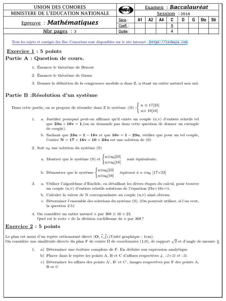 Stock LesPdf Examens BAC Comores Sujet 2016 Comores Sujet C Mathematique Bac 2016 | Download ...
