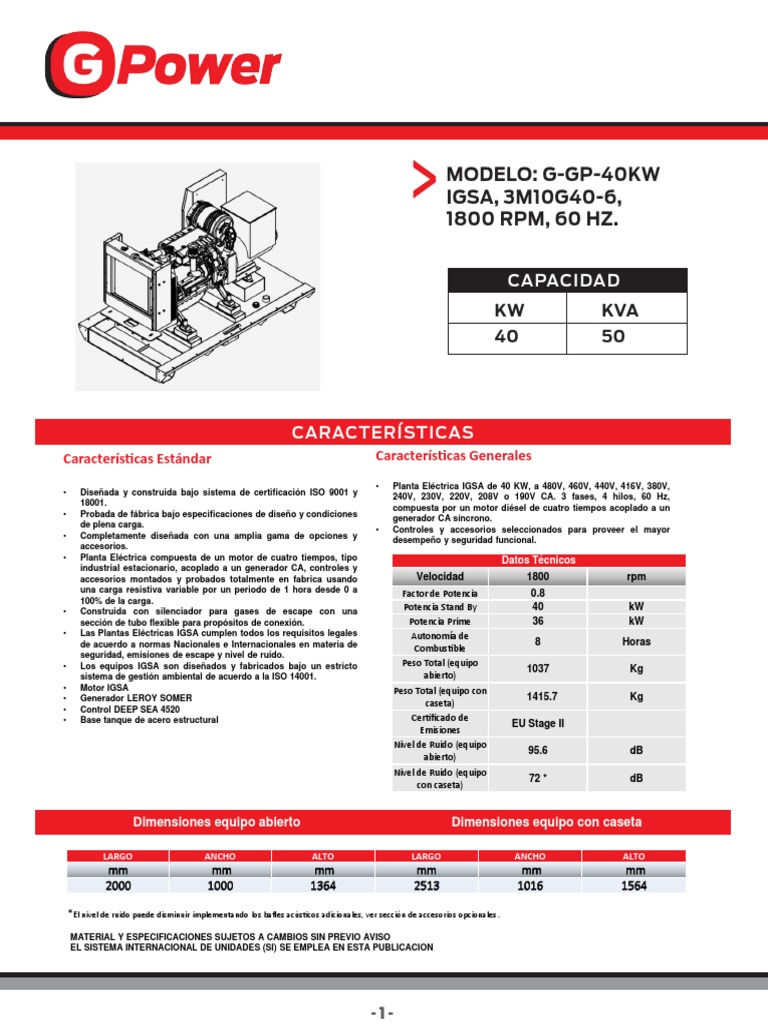 Modelo: G-Gp-40Kw IGSA, 3M10G40-6, 1800 RPM, 60 HZ.: Capacidad | PDF ...