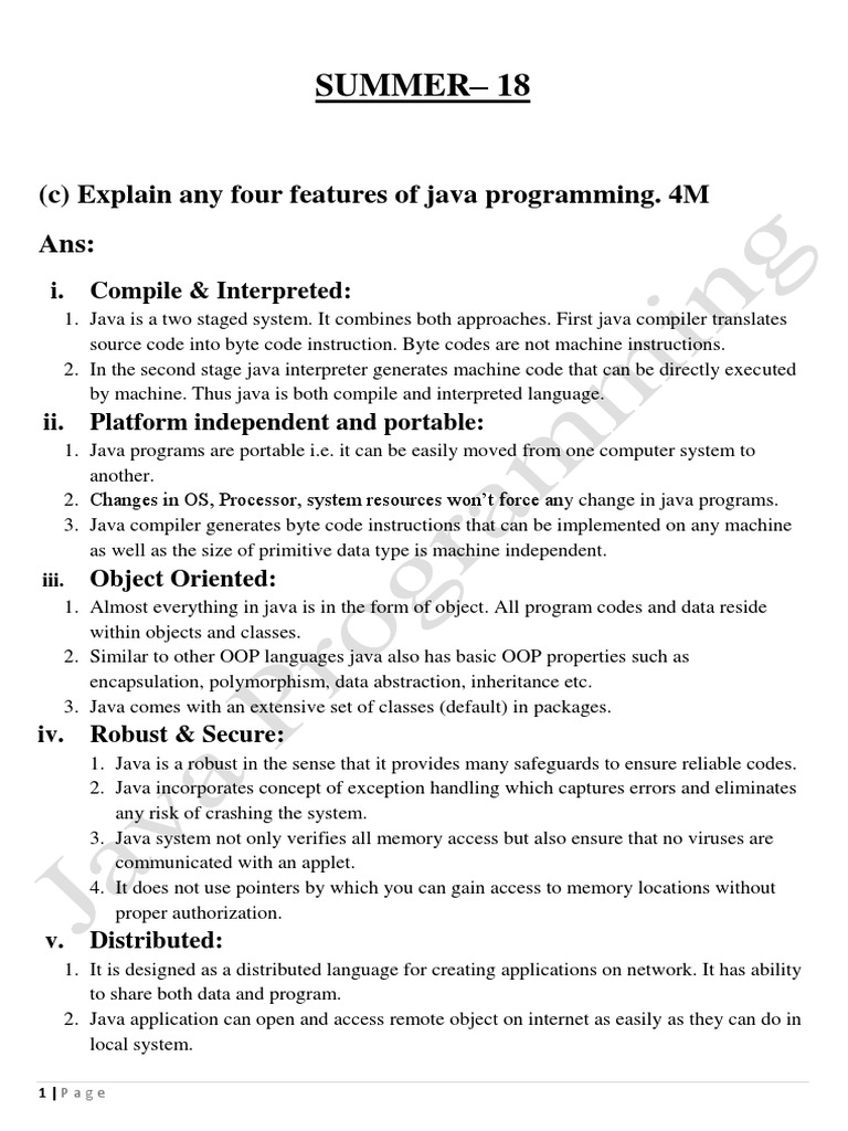 Summer - 18: (C) Explain Any Four Features of Java Programming. 4M Ans ...