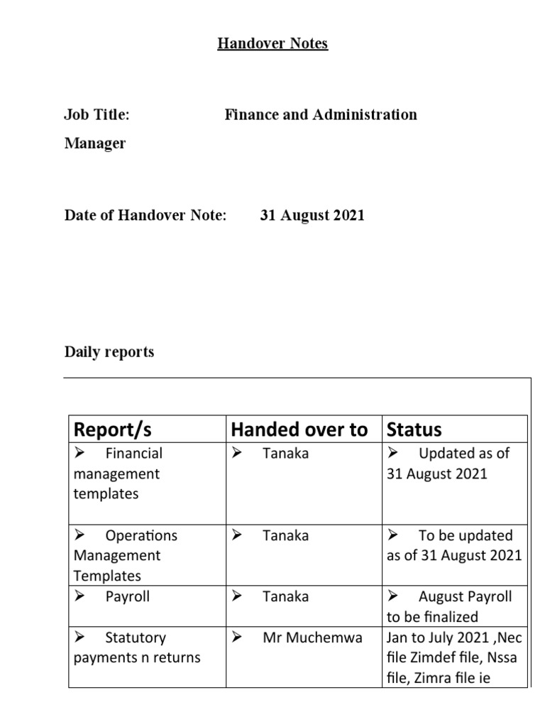 Handover Notes-Finance and Admin - 31 August 2021 | PDF | Money | Payments