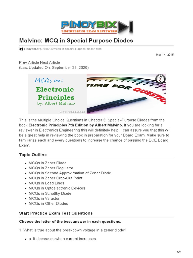 Malvino MCQ in Special Purpose Diodes | PDF | Diode | P–N Junction