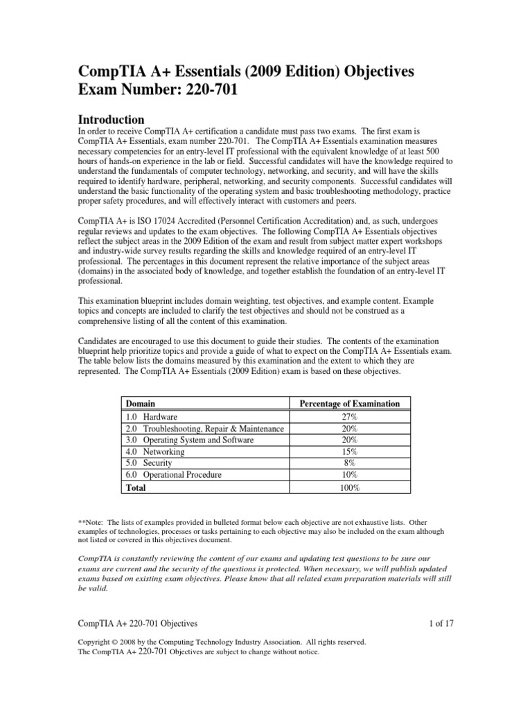 Comptia A+ Essentials (2009 Edition) Objectives Exam Number: 220-701 ...