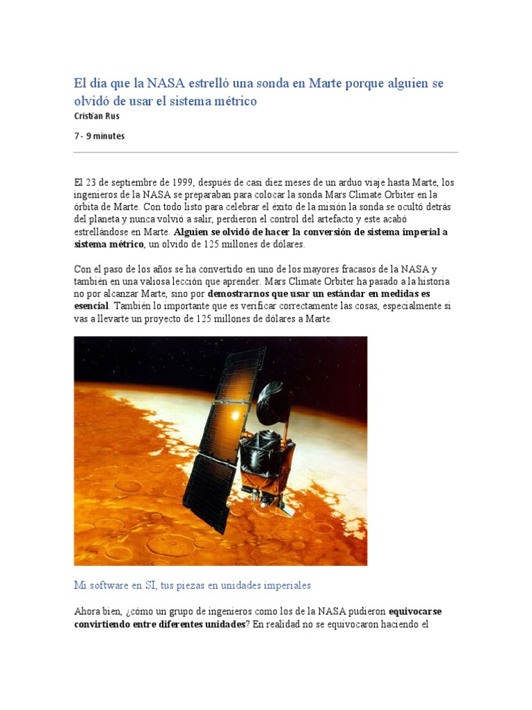 Error métrico en la sonda Mars Climate Orbiter | PDF | Marte | Nasa