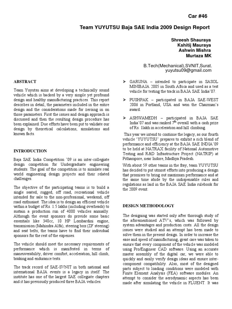 Baja SAE India 2009 Vehicle Design Report | PDF | Suspension (Vehicle ...