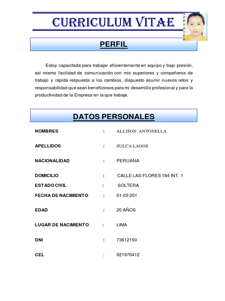 Currículum Vitae de Allison Sulca | PDF