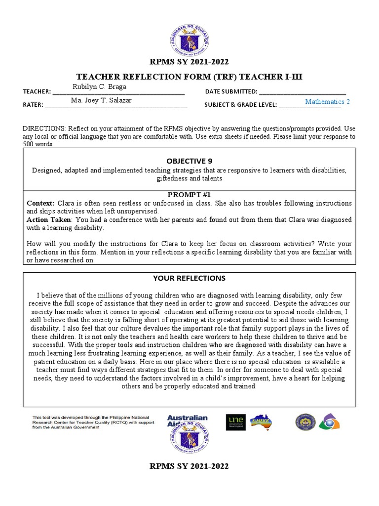 RPMS SY 2021-2022 Teacher Reflection Form (TRF) Teacher I-Iii | PDF ...