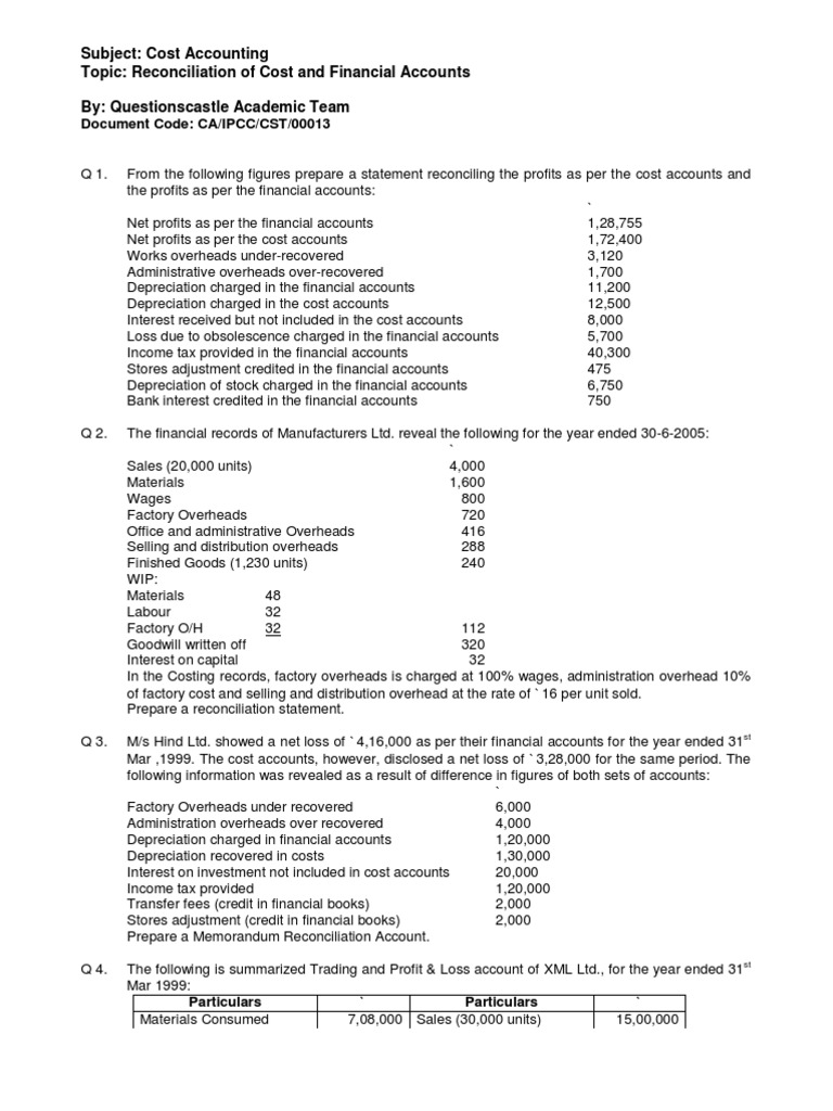 Reconciliation of Cost and Financial Accounts | Income Statement ...