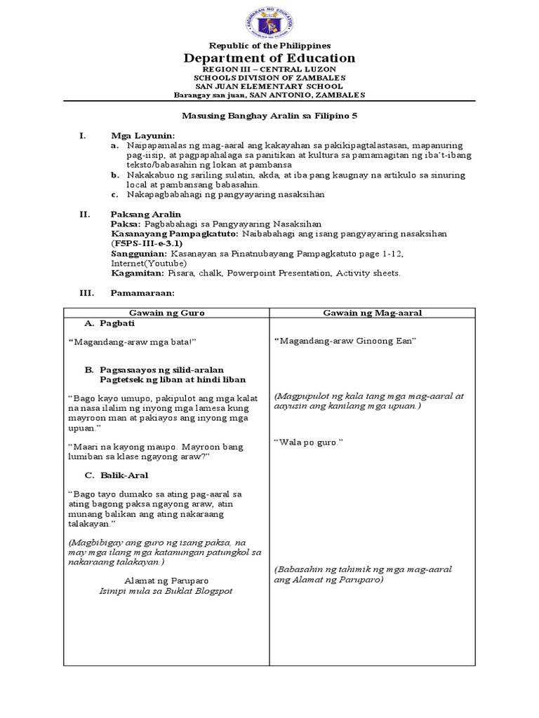 Masusing Banghay Aralin Sa Filipino 5 | PDF