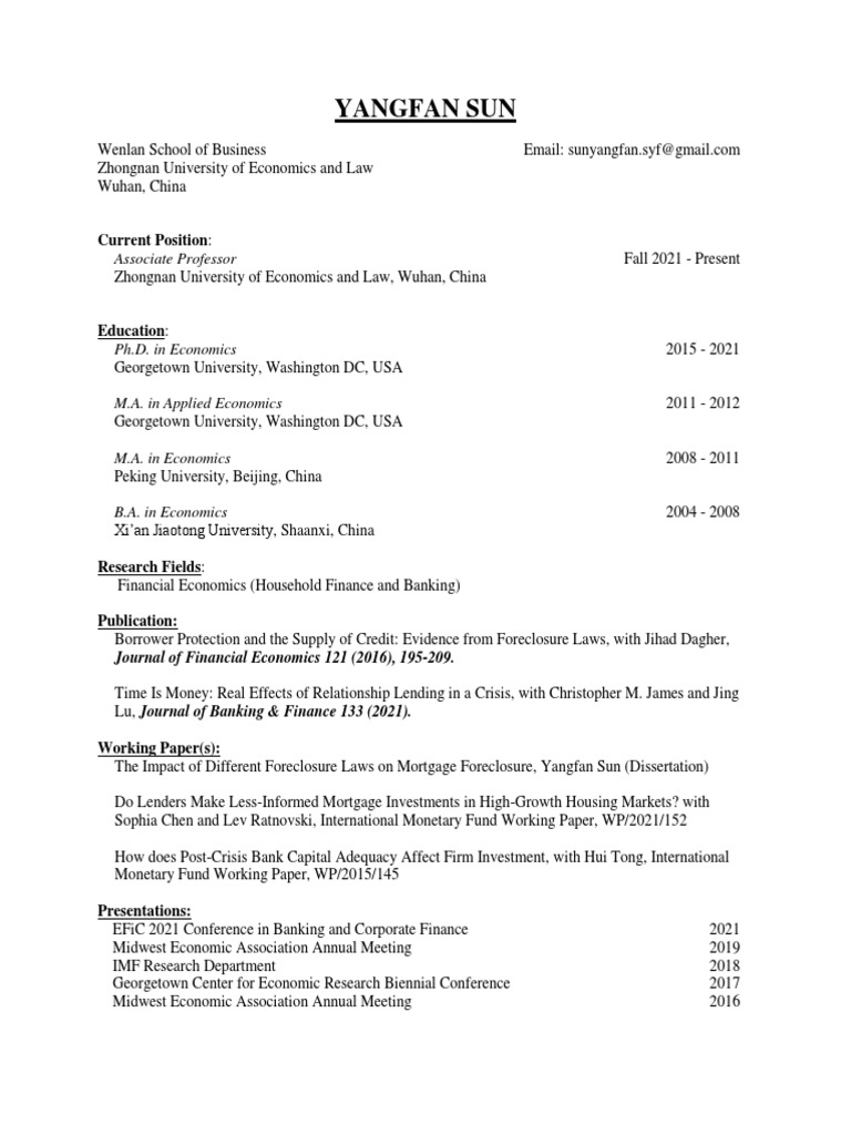 Yangfan Sun CV | PDF | International Monetary Fund | Economics