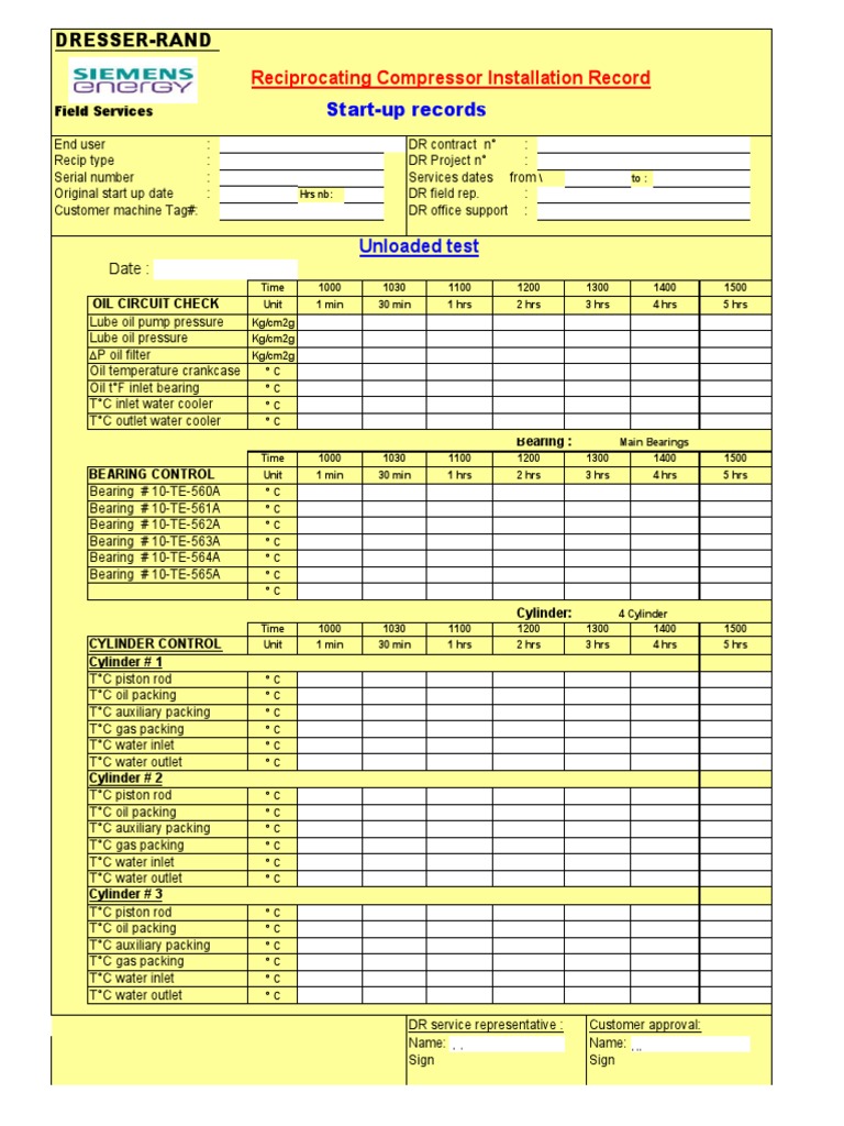 Reciprocating Compressor Installation Record: Start-Up Records | PDF ...