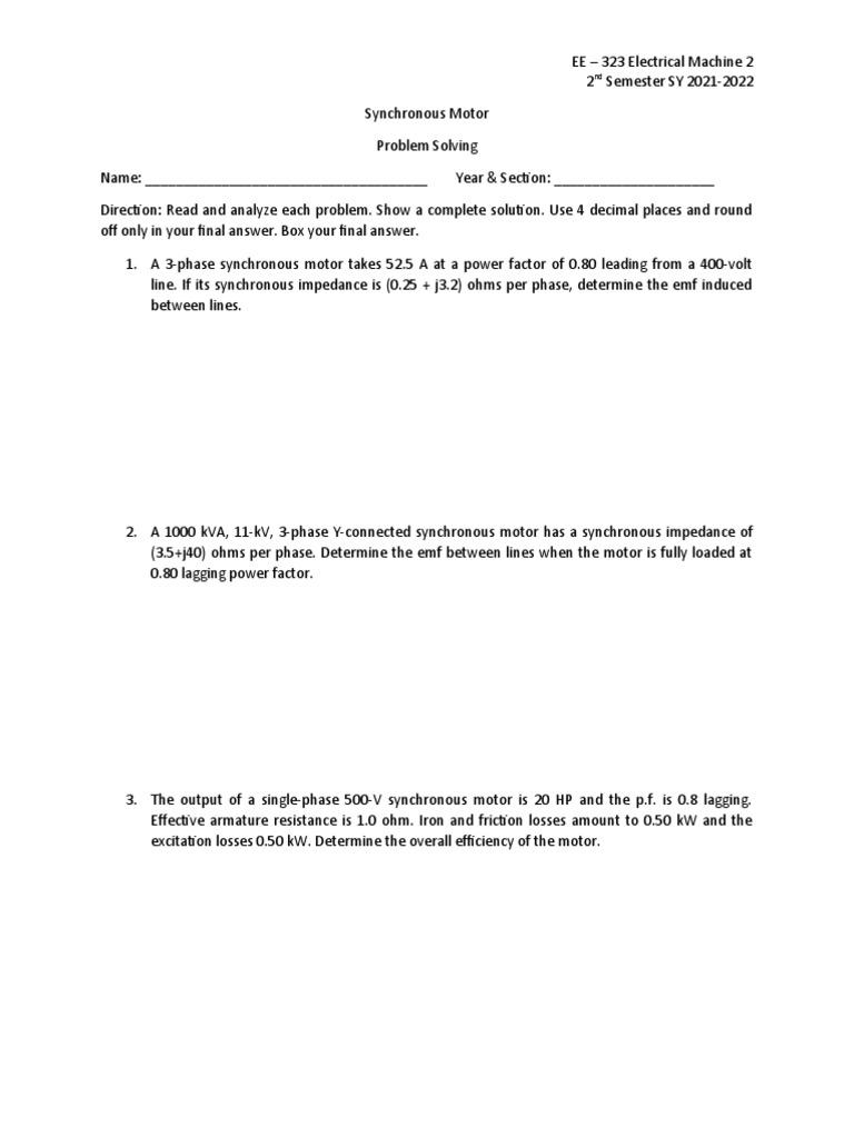 Synchronous Motor Problem Solutions | PDF | Electric Motor | Power ...