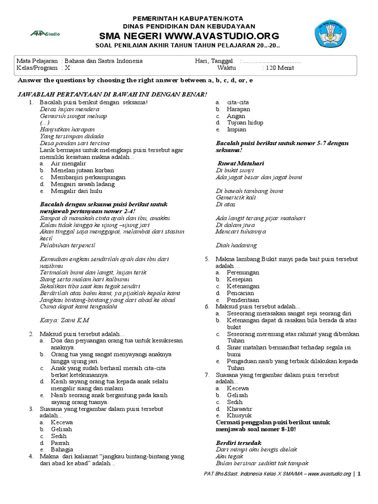 Naskah Soal PAT Bhs Dan Sastra Indo X | PDF