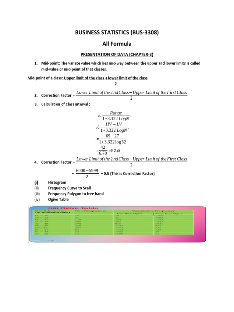 Business Statistics Formulas Overview | PDF