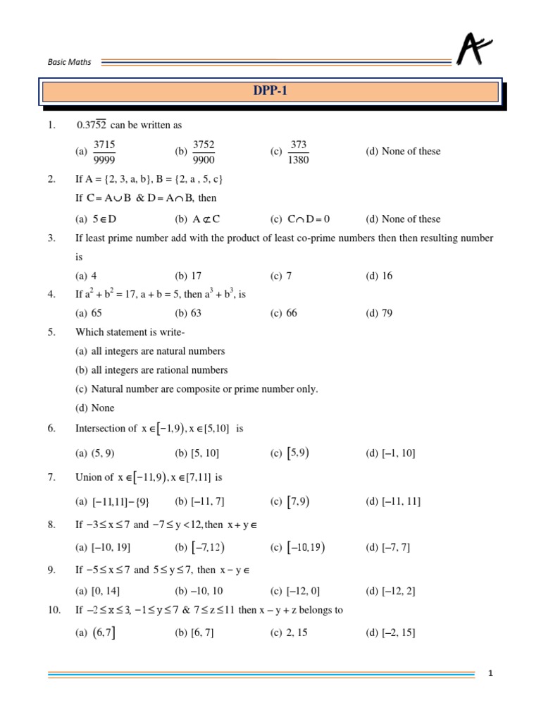 DPP 1 Basic Mathematics (Sets, Intervals, Number System) | PDF