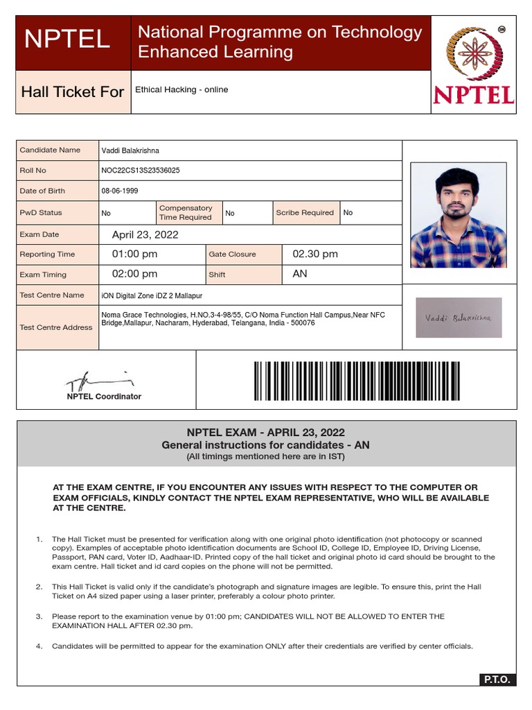 Hall Ticket and Exam Instructions for NPTEL's Online Ethical Hacking ...