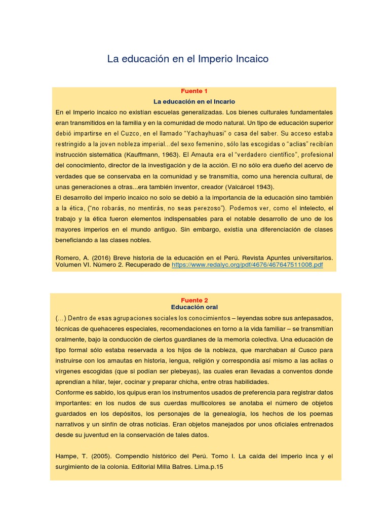 La Educaciòn en El Imperio Incaico | PDF | Imperio Inca
