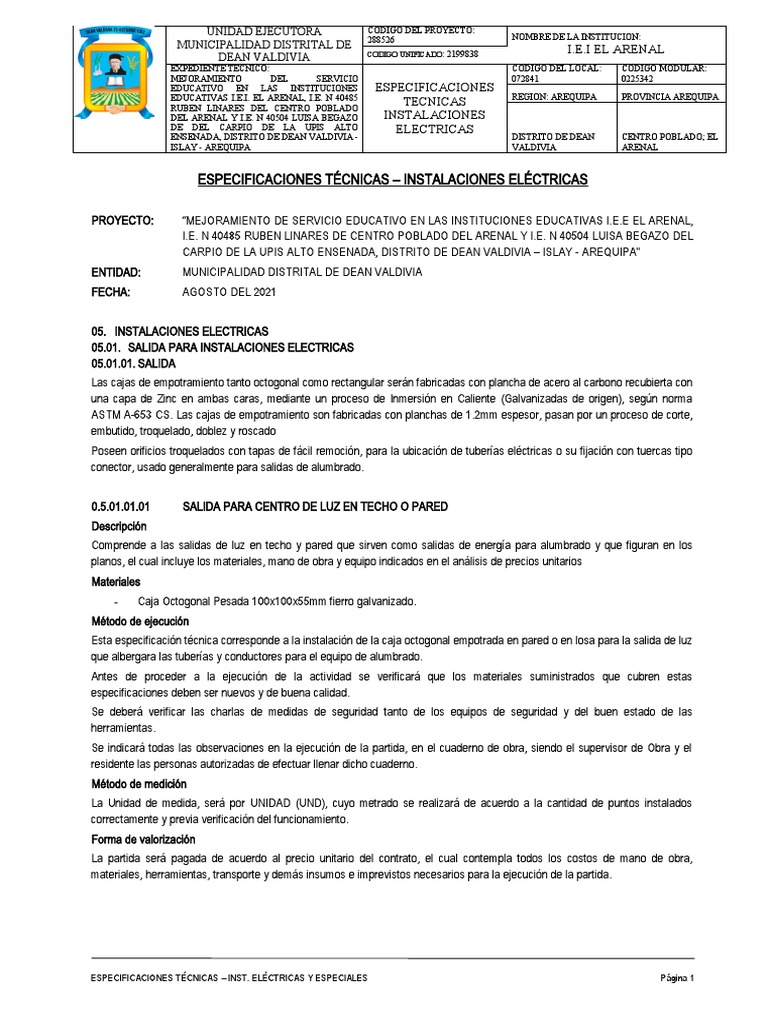 Especificaciones Tecnicas Electricas y Especiales | PDF | Tubería (transporte de fluidos ...