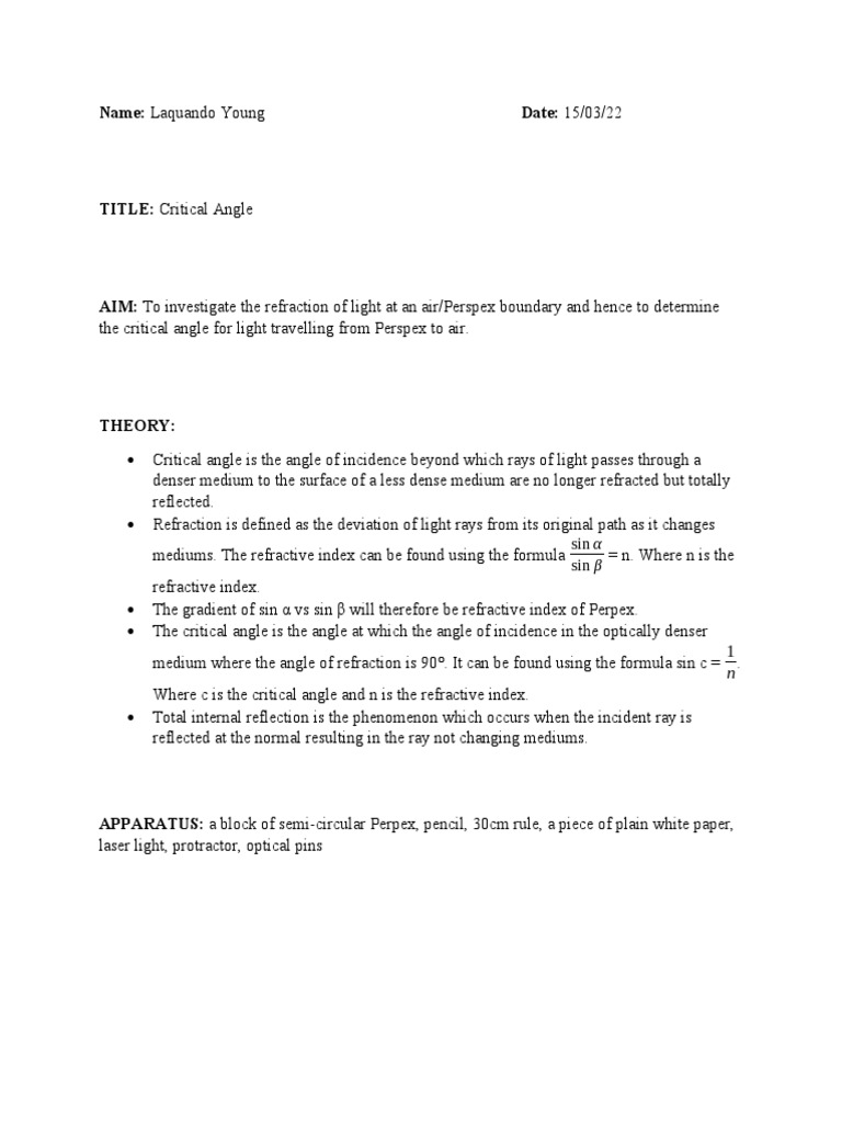 Physics Lab Critical Angle IA | PDF | Refraction | Refractive Index