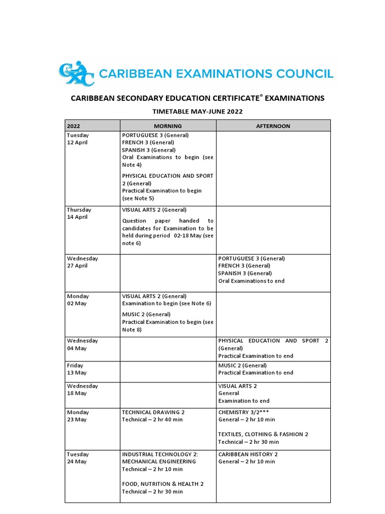 Caribbean Secondary Education Certificate Examinations: Timetable May ...