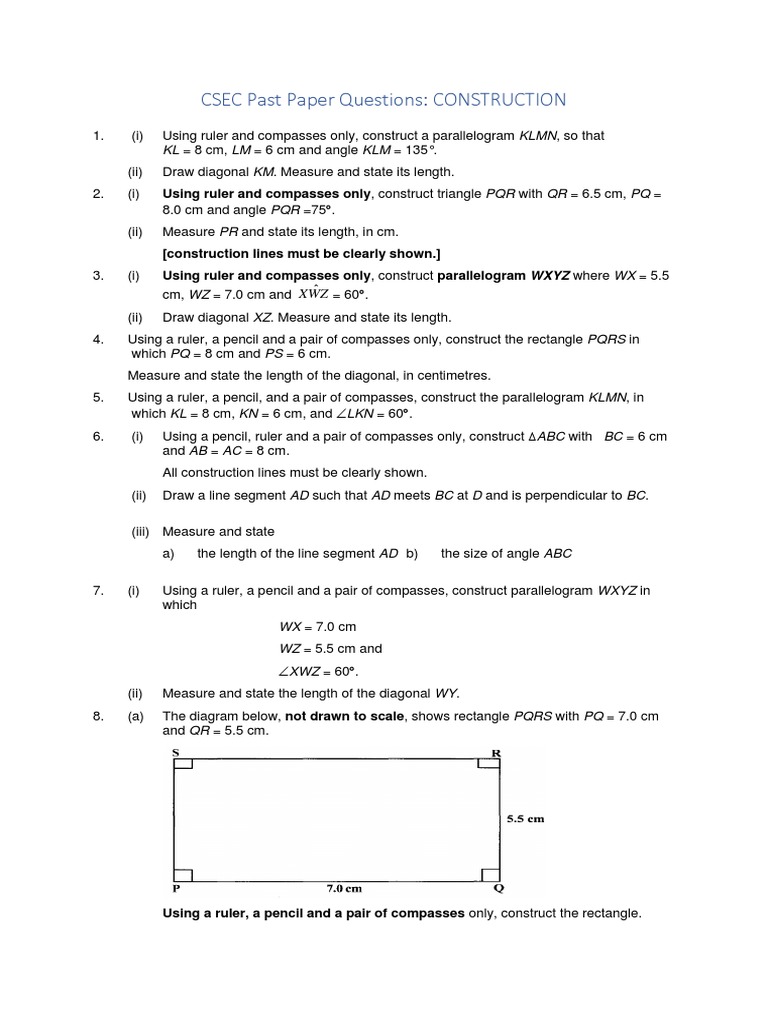 CSEC Past Paper Questions: CONSTRUCTION: KL 8 CM, LM 6 CM and Angle KLM ...